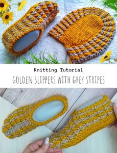 Knit Golden Slippers With Grey Stripes